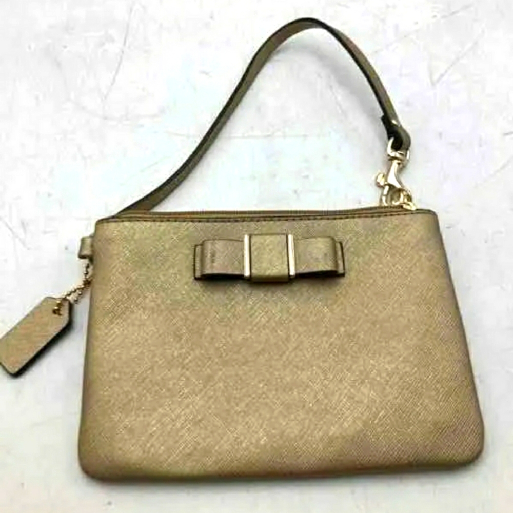 Coach Designer Gold Metallic Bow Clutch Handbag Purse… - Gem